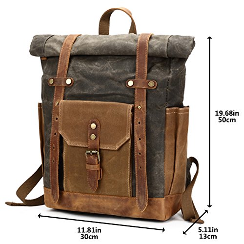 Mwatcher Canvas Leather Backpack Waterproof Rucksack for College Weekend Travel Fit 15in laptops