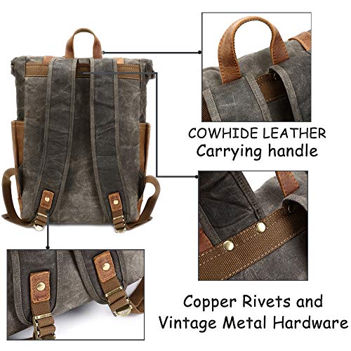 Mwatcher Canvas Leather Backpack Waterproof Rucksack for College Weekend Travel Fit 15in laptops