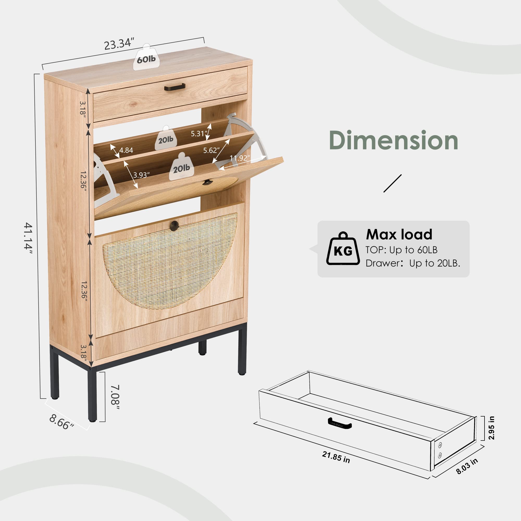 Yechen Shoe Rack Storage Organizer with 2 Natural Semi-Circular Rattan Doors, Entryway Wooden Shoe Cabinet for Sneakers, Leather Shoes, High Heels, Slippers (2 Piece, Oak)