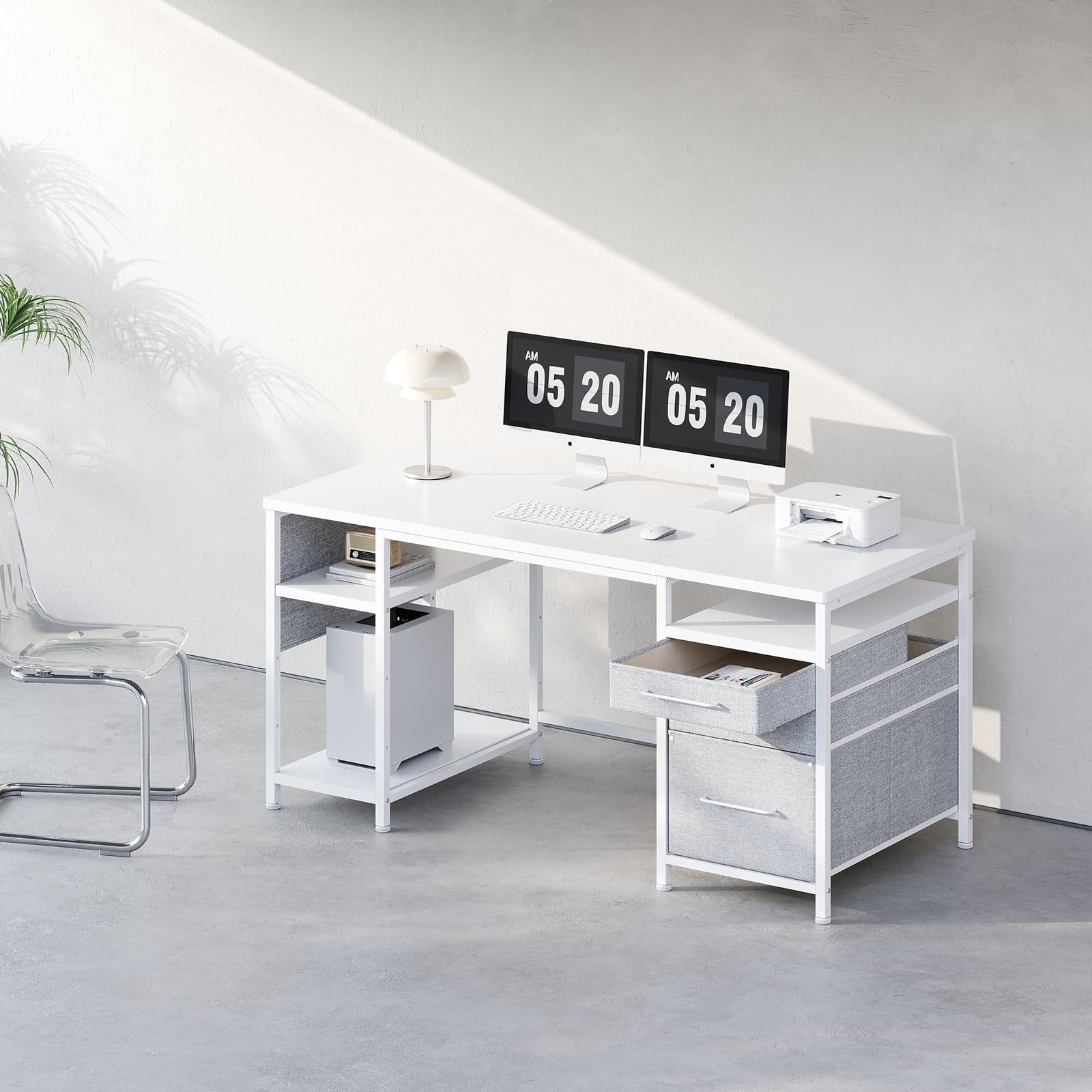 Maihail Maihail Home Office Desk with Drawers and Adjustable Shelves, 59 inch Long Writing Desk with File Cabinet, Large Computer Desk with Storage, Vintage, White