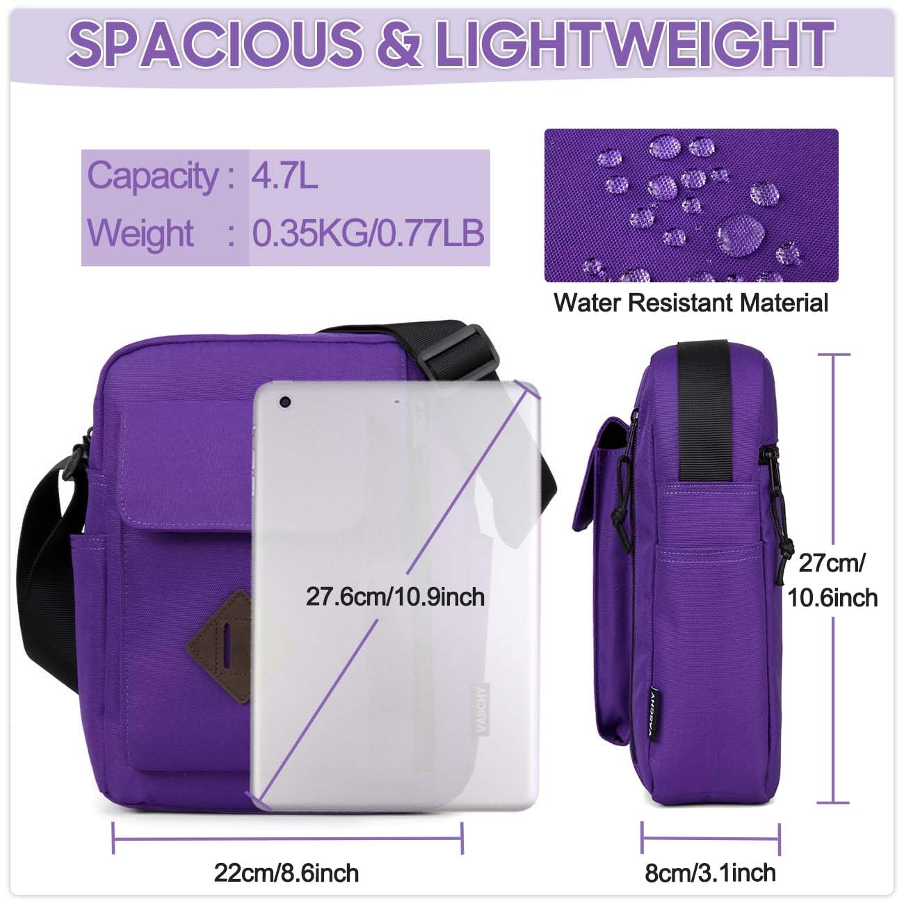 VASCHY Small Messenger Bag, Lightweight Casual Crossbody Sling Shoulder Side Bag for Women for Work/Travel/Daily Purple