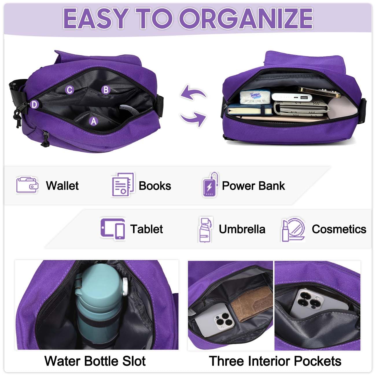 VASCHY Small Messenger Bag, Lightweight Casual Crossbody Sling Shoulder Side Bag for Women for Work/Travel/Daily Purple