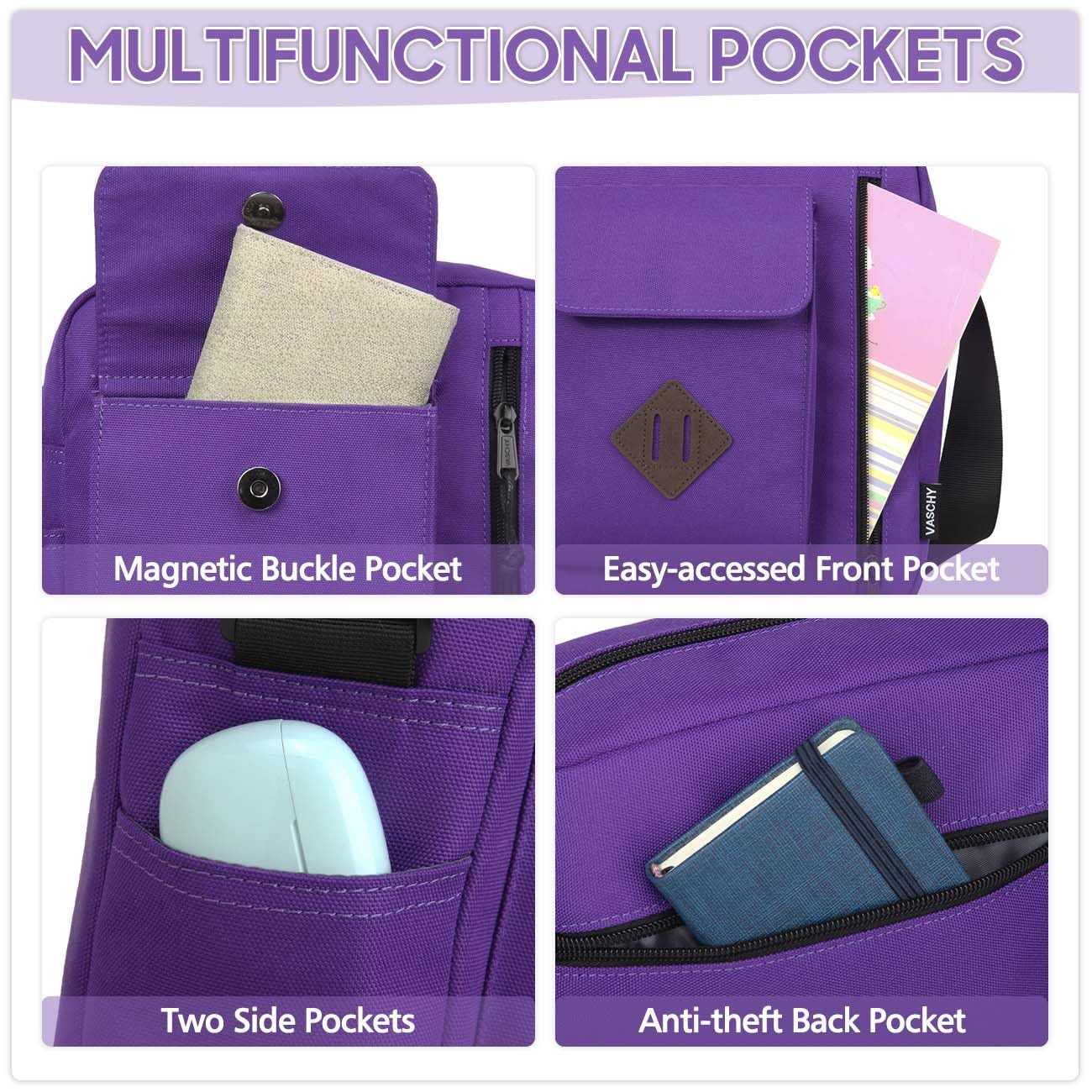 VASCHY Small Messenger Bag, Lightweight Casual Crossbody Sling Shoulder Side Bag for Women for Work/Travel/Daily Purple