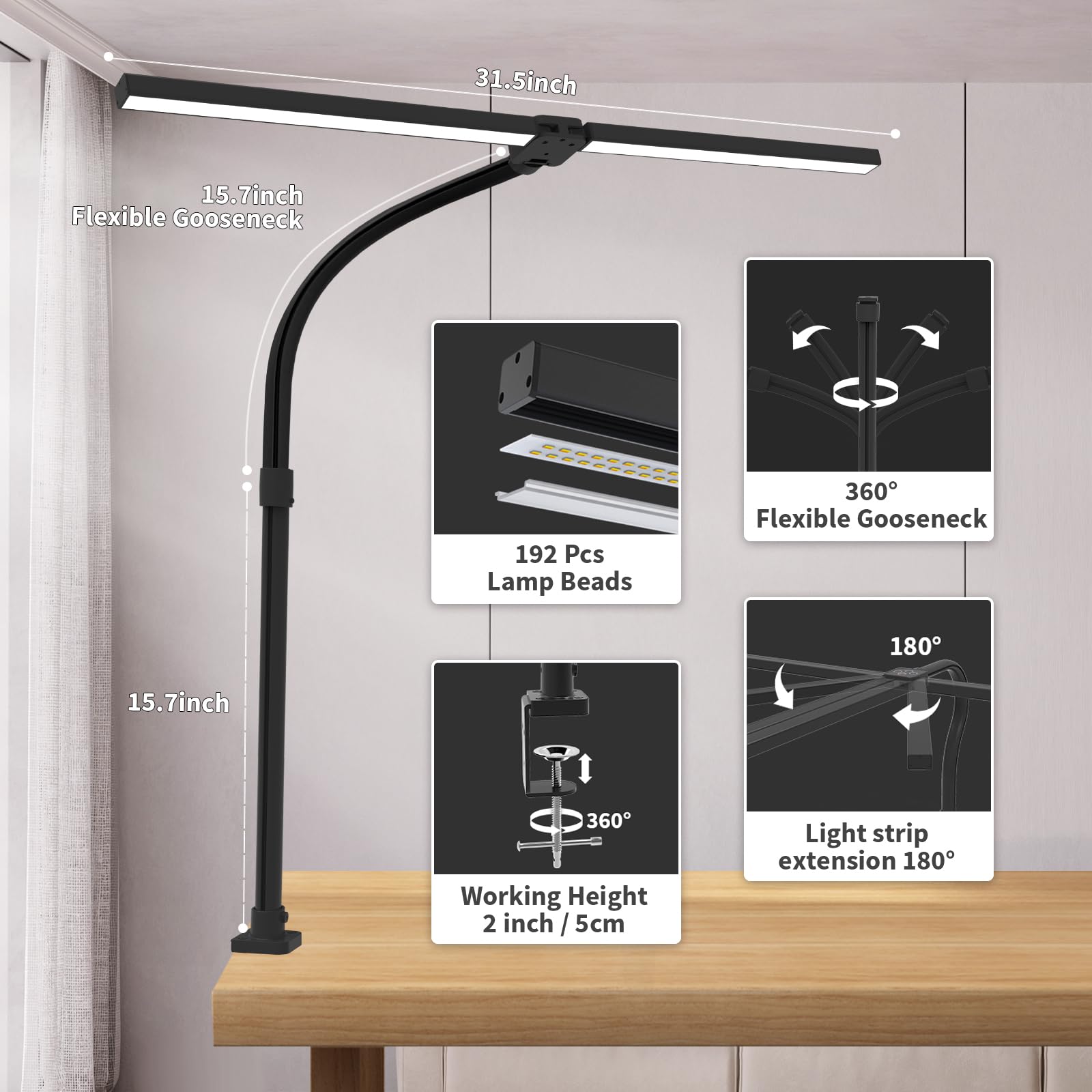 Mosthink LED Desk Lamp for Home Office, Double Head Eye Caring Architect Monitor Light, 31.5" Desk Light with Clamp and Flexible Gooseneck, 24W Study Drafting Table Lamp,100 Colors Modes