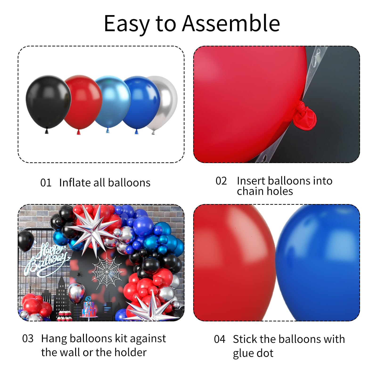 GREMAG Red Blue Black Balloon Arch, 122 Pcs Spider Theme Balloon Garland Kit, Royal Blue and Metallic Silver Blue Balloons with Two Silver Explosion Star Foil Balloon, for Boys Hero Theme Party Decor