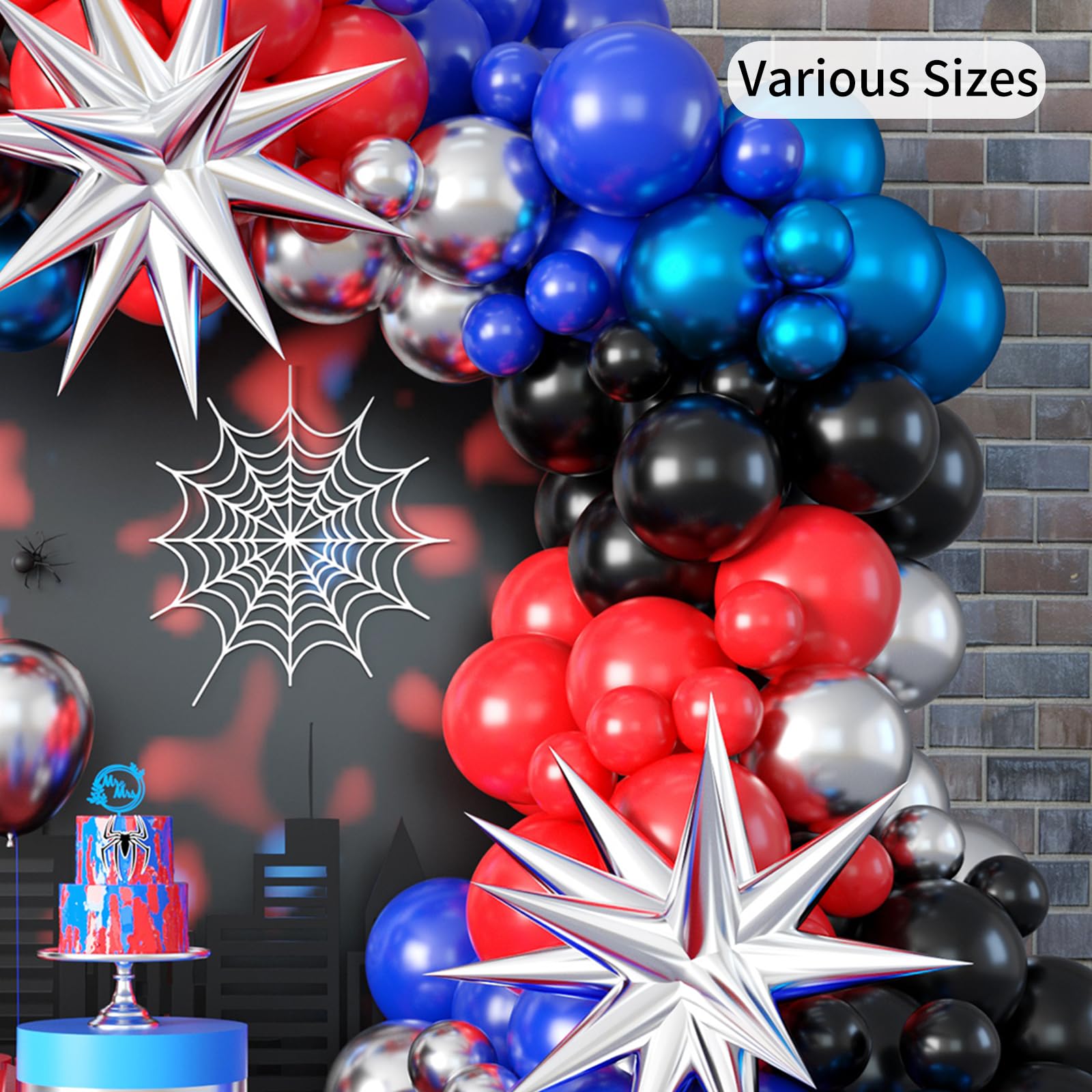 GREMAG Red Blue Black Balloon Arch, 122 Pcs Spider Theme Balloon Garland Kit, Royal Blue and Metallic Silver Blue Balloons with Two Silver Explosion Star Foil Balloon, for Boys Hero Theme Party Decor