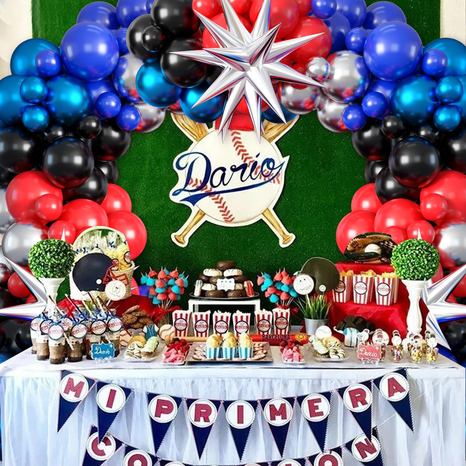 GREMAG Red Blue Black Balloon Arch, 122 Pcs Spider Theme Balloon Garland Kit, Royal Blue and Metallic Silver Blue Balloons with Two Silver Explosion Star Foil Balloon, for Boys Hero Theme Party Decor
