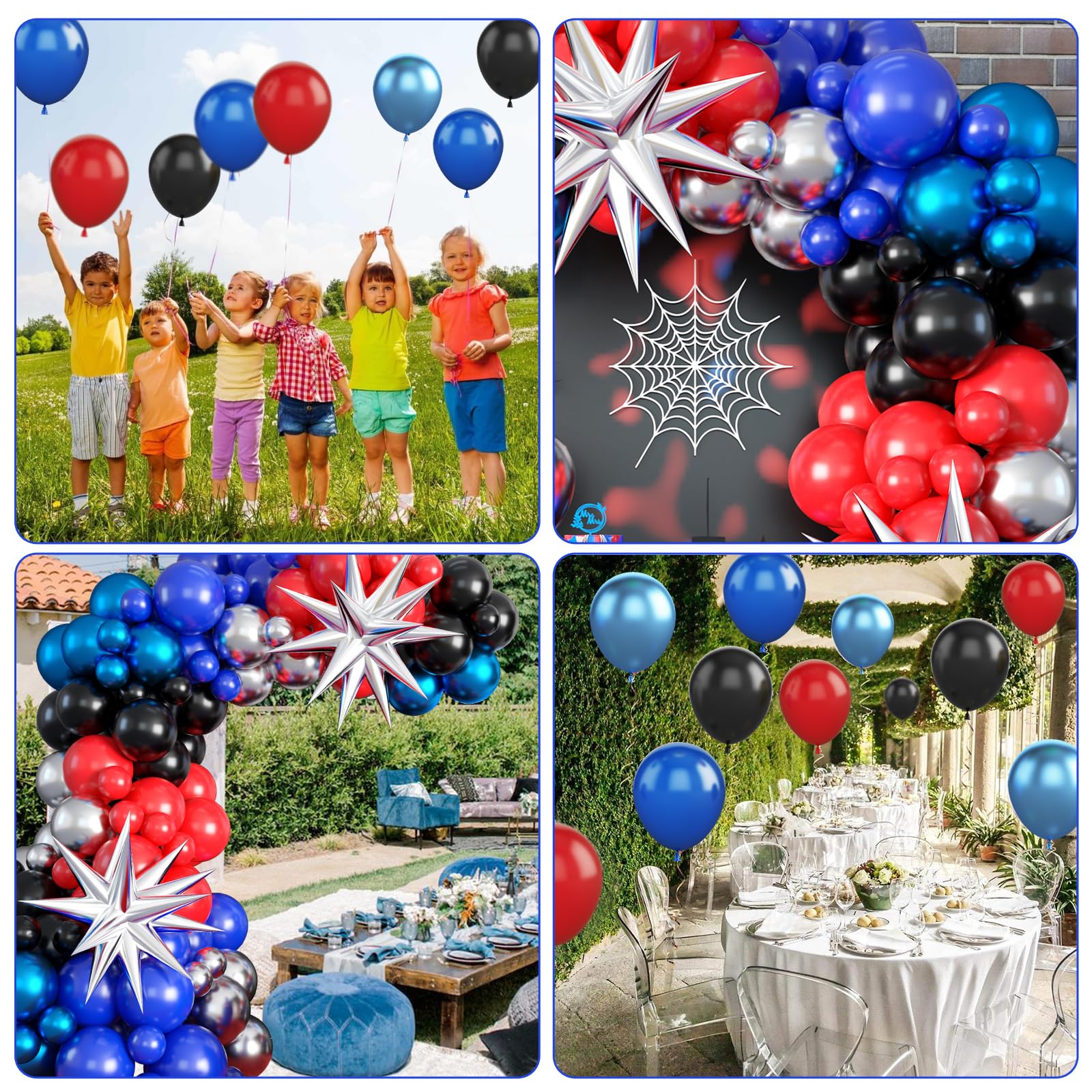 GREMAG Red Blue Black Balloon Arch, 122 Pcs Spider Theme Balloon Garland Kit, Royal Blue and Metallic Silver Blue Balloons with Two Silver Explosion Star Foil Balloon, for Boys Hero Theme Party Decor