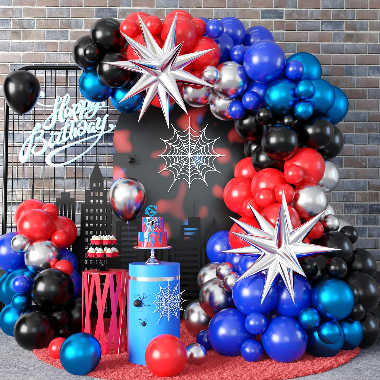 GREMAG Red Blue Black Balloon Arch, 122 Pcs Spider Theme Balloon Garland Kit, Royal Blue and Metallic Silver Blue Balloons with Two Silver Explosion Star Foil Balloon, for Boys Hero Theme Party Decor