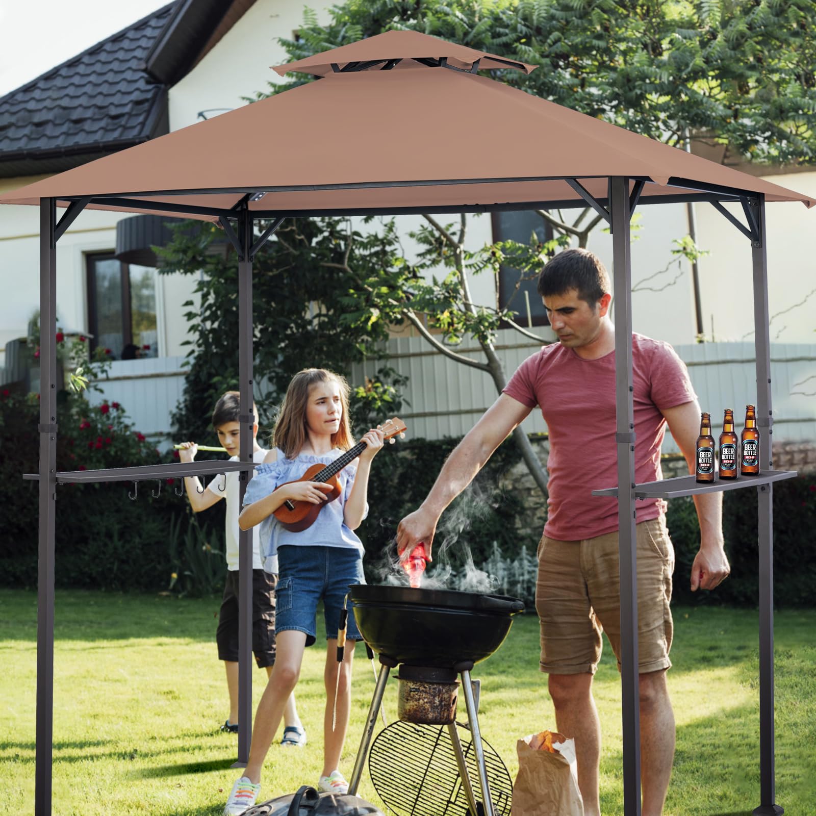 Akeacubo Replacement Canopy Cover with Double Tiered Roof Fit for 5'x8' BBQ Grill Gazebo Model L-GG001PST、L-GZ238PST (Khaki)