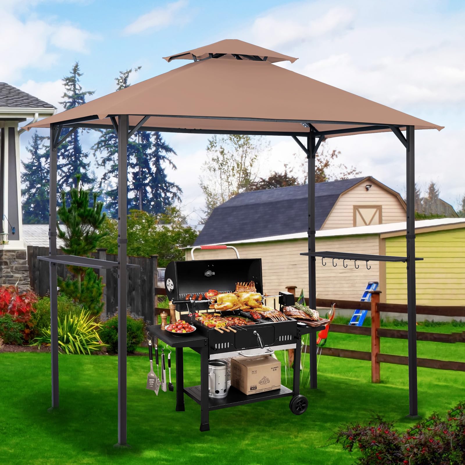 Akeacubo Replacement Canopy Cover with Double Tiered Roof Fit for 5'x8' BBQ Grill Gazebo Model L-GG001PST、L-GZ238PST (Khaki)