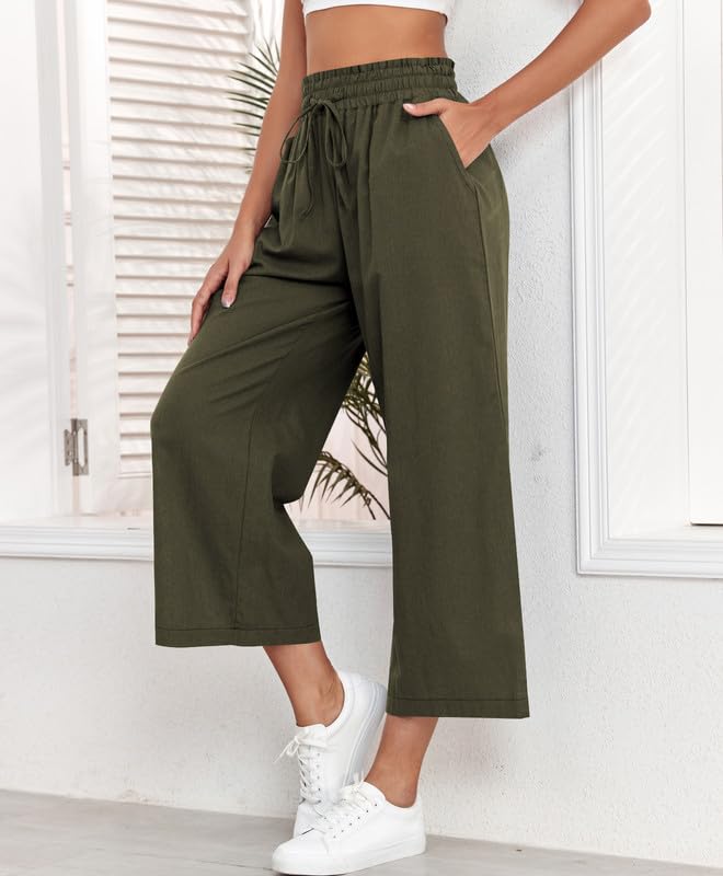 REDMORE High Waisted Linen Pants for Women Summer Wide Leg Capris Lightweight Casual Drawstring Trousers Palazzo Pants Army Green