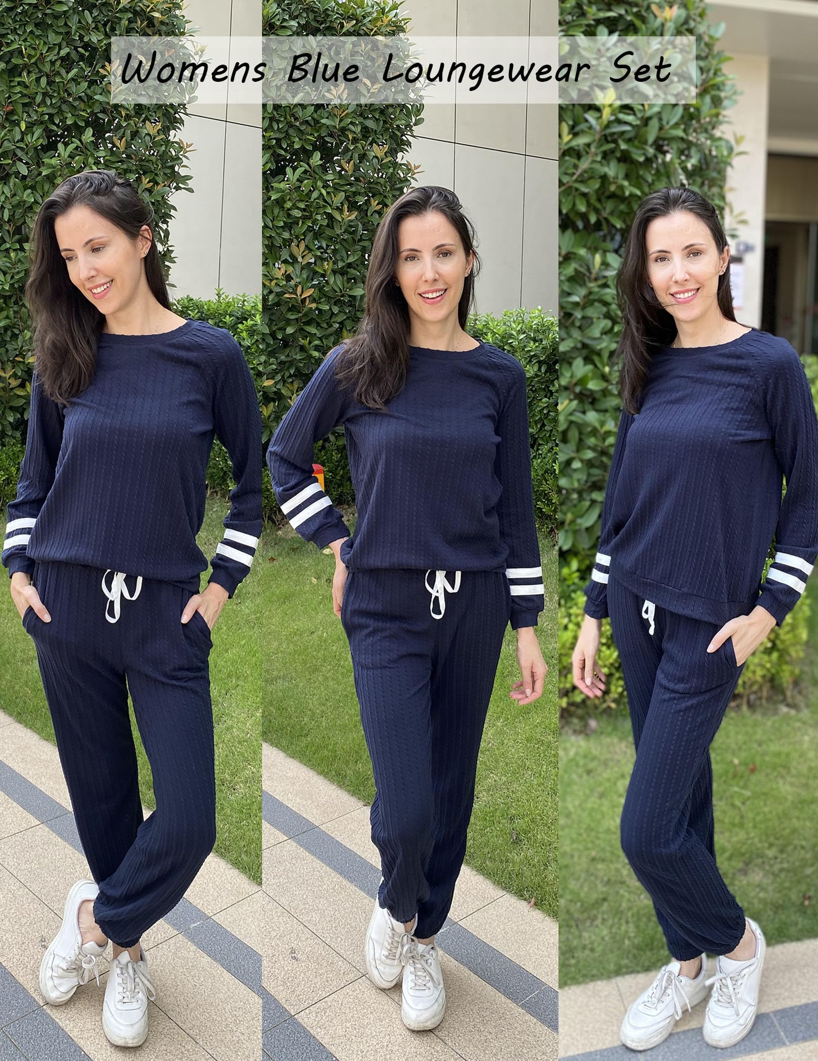 Ekouaer Lounge Sets for Women Ribbed Knit Outfits Pajamas Sets 2 Piece Long Sleeve Sweatsuits with Pockets Blue XL