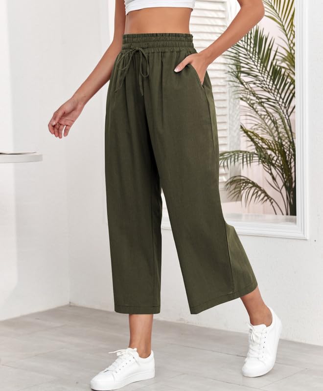 REDMORE High Waisted Linen Pants for Women Summer Wide Leg Capris Lightweight Casual Drawstring Trousers Palazzo Pants Army Green