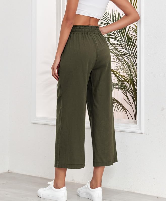 REDMORE High Waisted Linen Pants for Women Summer Wide Leg Capris Lightweight Casual Drawstring Trousers Palazzo Pants Army Green