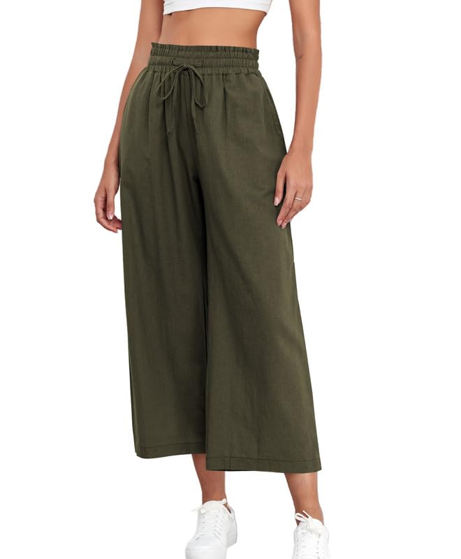 REDMORE High Waisted Linen Pants for Women Summer Wide Leg Capris Lightweight Casual Drawstring Trousers Palazzo Pants Army Green