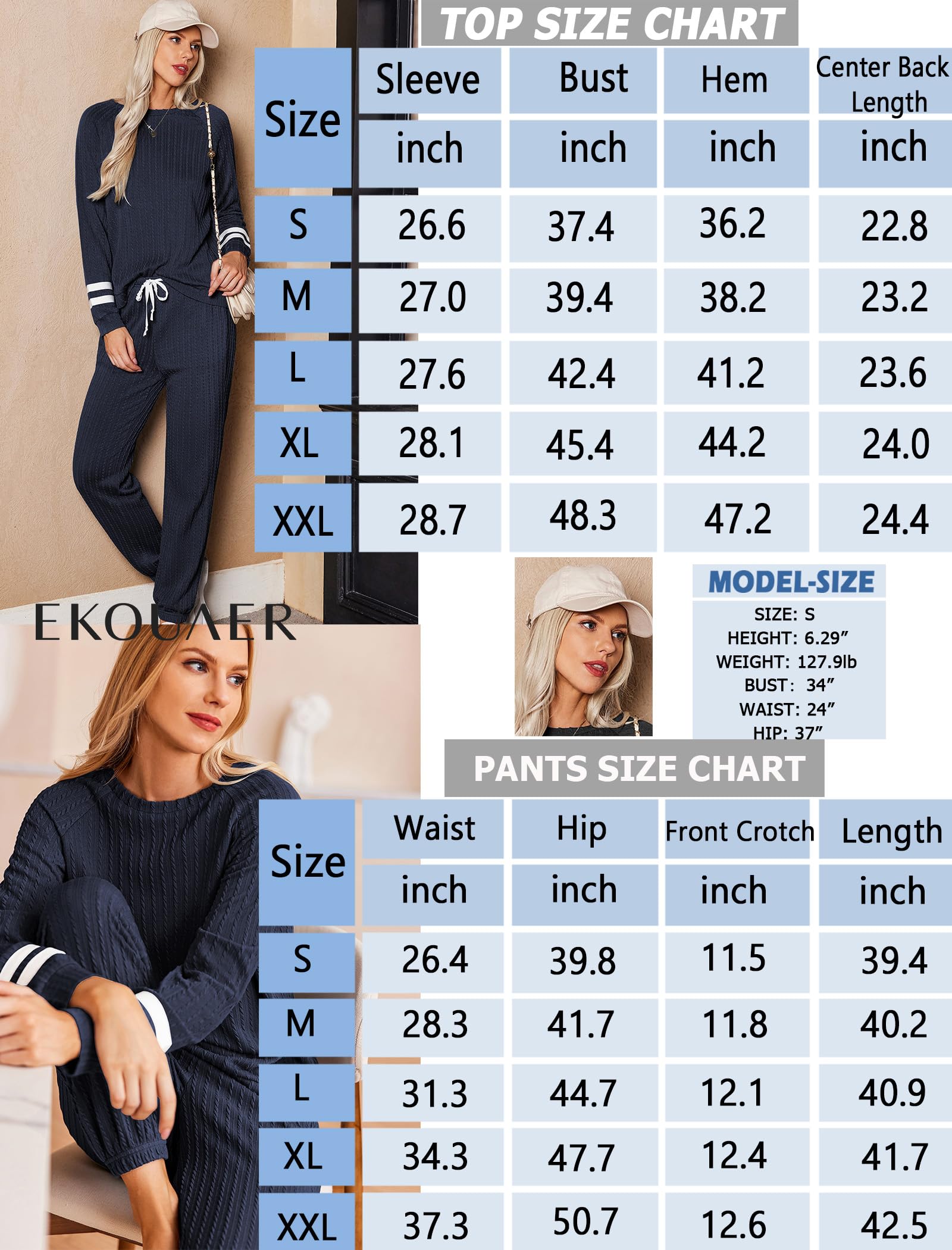 Ekouaer Lounge Sets for Women Ribbed Knit Outfits Pajamas Sets 2 Piece Long Sleeve Sweatsuits with Pockets Blue XL