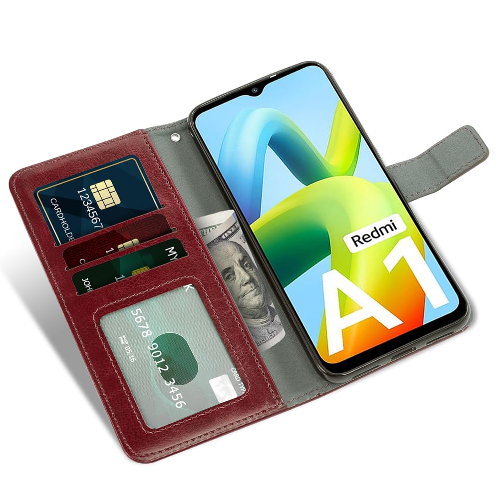 Asuwish Compatible with Xiaomi Redmi A1 Wallet Case Tempered Glass Screen Protector and Leather Flip Cover Card Holder Stand Cell Accessories Phone Cases for Redme 1A 2022 Women Men Brown