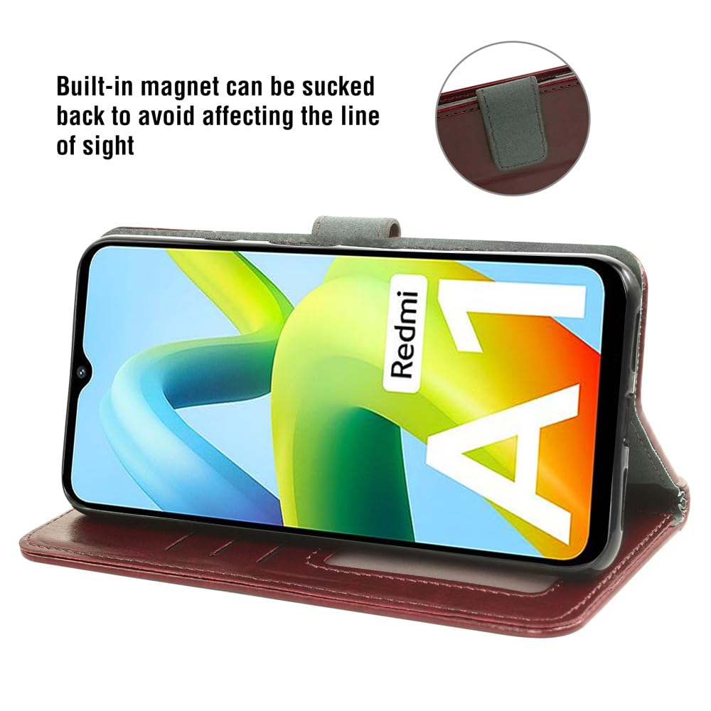 Asuwish Compatible with Xiaomi Redmi A1 Wallet Case Tempered Glass Screen Protector and Leather Flip Cover Card Holder Stand Cell Accessories Phone Cases for Redme 1A 2022 Women Men Brown