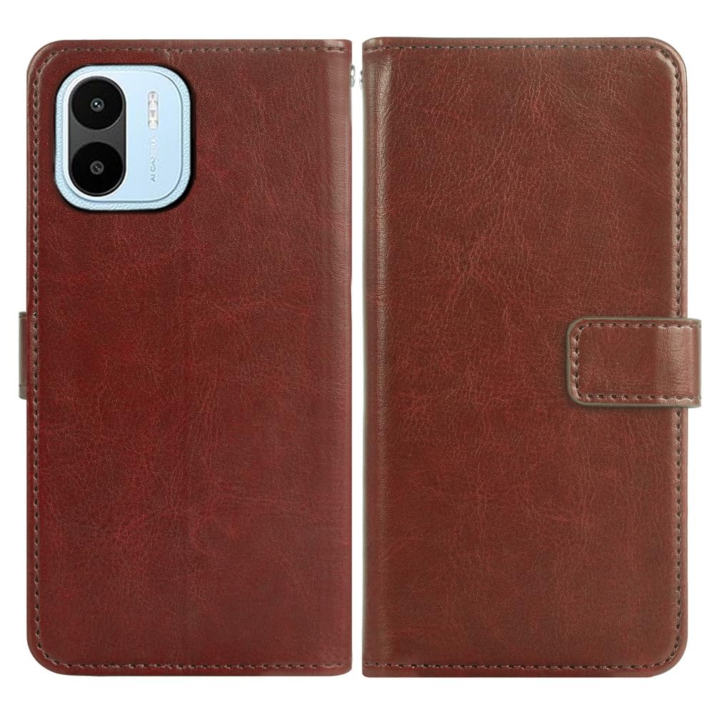 Asuwish Compatible with Xiaomi Redmi A1 Wallet Case Tempered Glass Screen Protector and Leather Flip Cover Card Holder Stand Cell Accessories Phone Cases for Redme 1A 2022 Women Men Brown