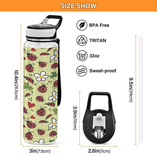 Fustylead Ladybugs and Flowers 32oz Water Bottle with Straw, Leakproof Clear Sport Water Bottles for Gym Camping Hiking Travel