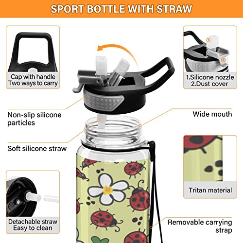 Fustylead Ladybugs and Flowers 32oz Water Bottle with Straw, Leakproof Clear Sport Water Bottles for Gym Camping Hiking Travel
