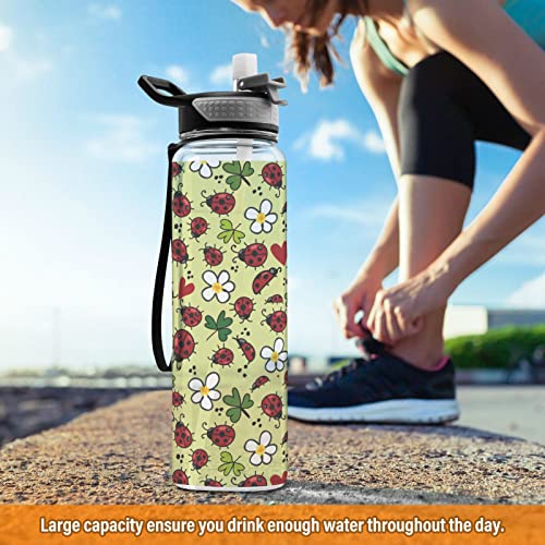 Fustylead Ladybugs and Flowers 32oz Water Bottle with Straw, Leakproof Clear Sport Water Bottles for Gym Camping Hiking Travel