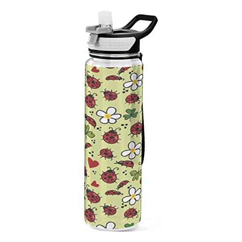 Fustylead Ladybugs and Flowers 32oz Water Bottle with Straw, Leakproof Clear Sport Water Bottles for Gym Camping Hiking Travel