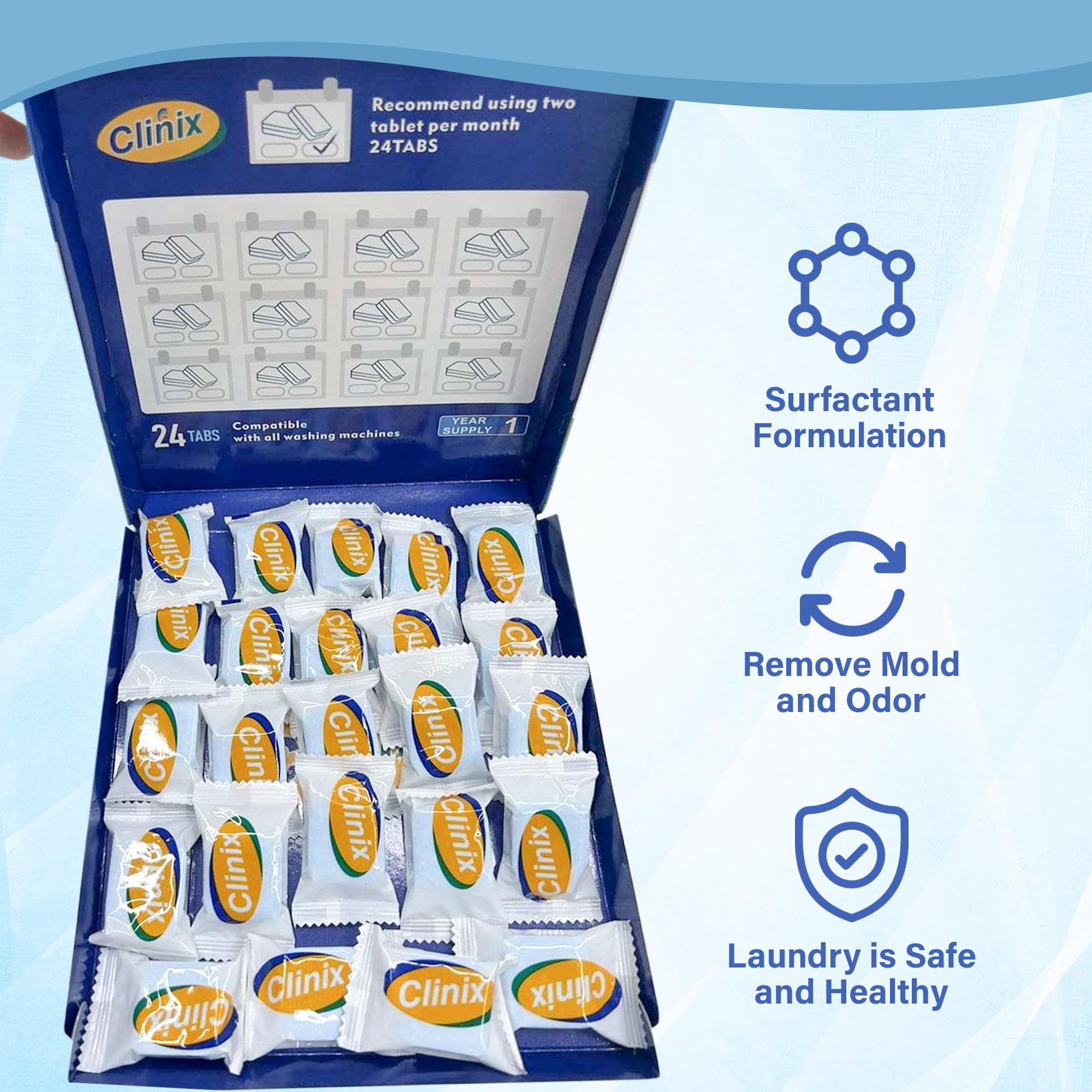 EENET Clinix - 24 Pack of Washing Machine Cleaner Tablets for Front Load & Top Load Washer - Deep Cleaning Washer Machine Remove Odor