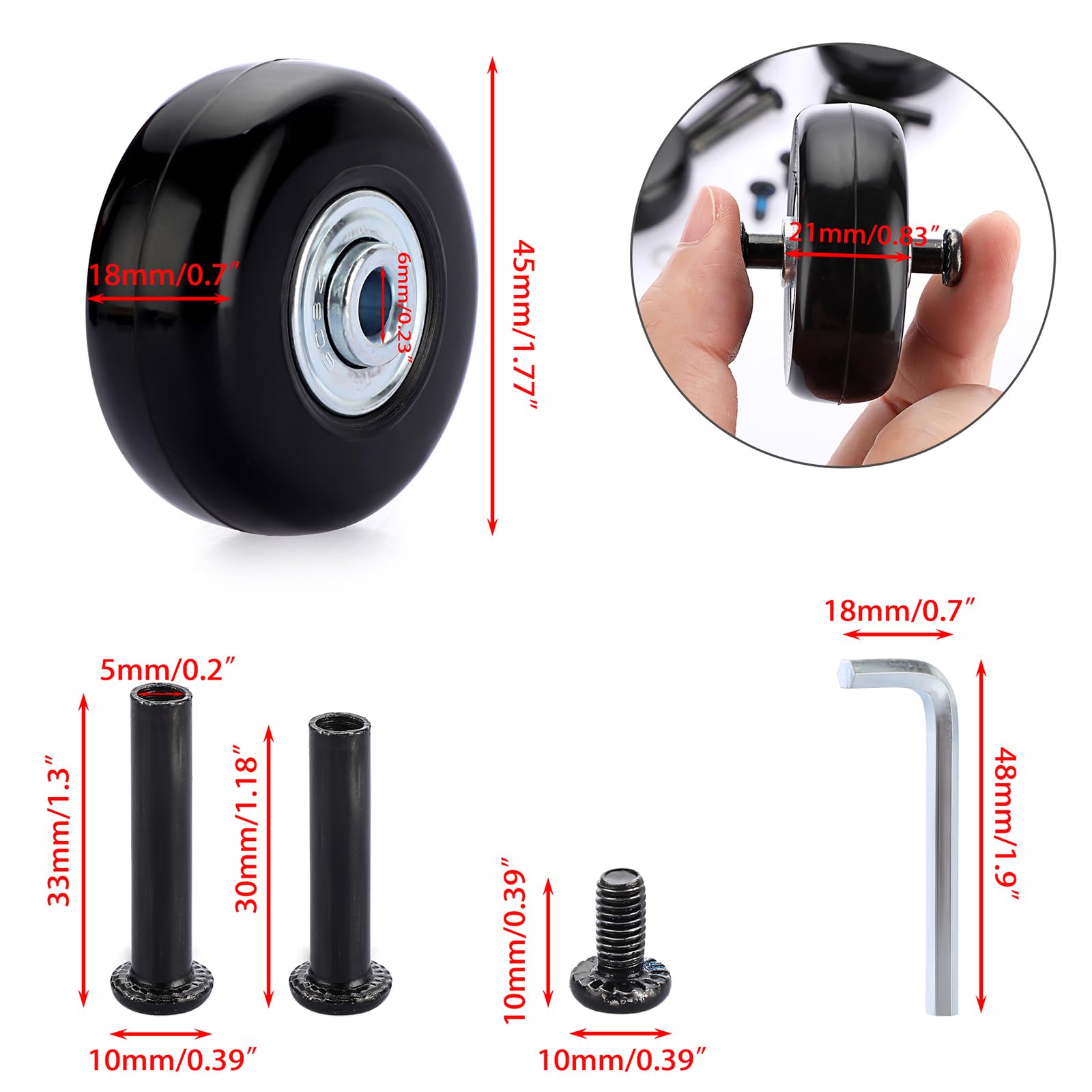 OwnMy 45mm x 18mm Luggage Wheels Replacements Set of 4 Mute Suitcase Replacement Wheels with Black Screws Axles Bearings, Rotatable Rubber Luggage Replacement Wheels Silent Suitcase Swivel Wheels Kit