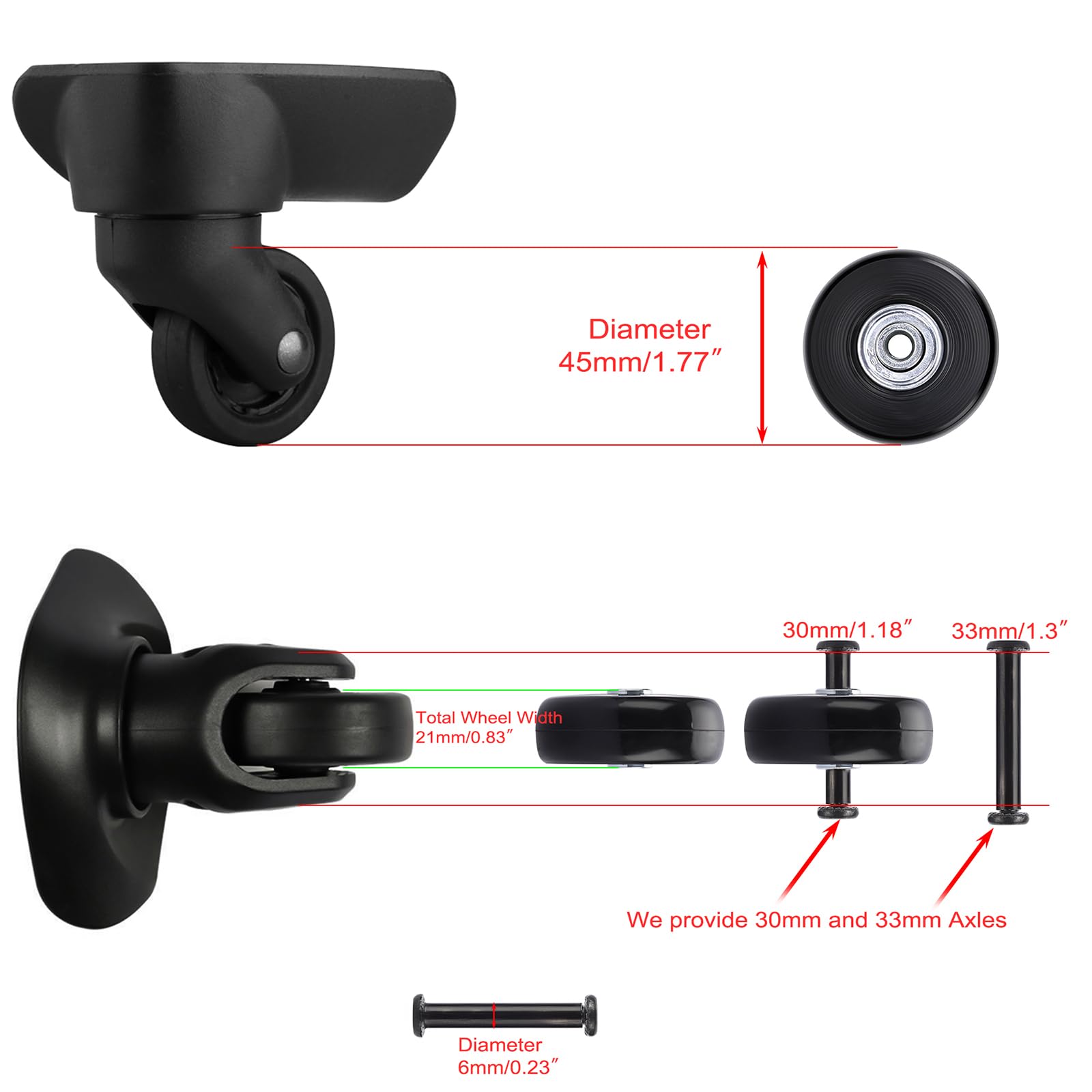 OwnMy 45mm x 18mm Luggage Wheels Replacements Set of 4 Mute Suitcase Replacement Wheels with Black Screws Axles Bearings, Rotatable Rubber Luggage Replacement Wheels Silent Suitcase Swivel Wheels Kit