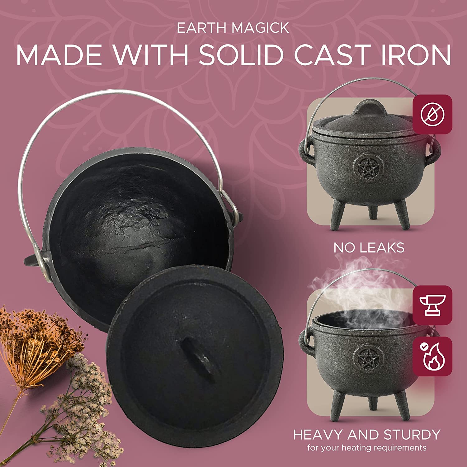 Mini Cauldron Cast Iron with Lid - Witchcraft Altar Supplies, Wicca Herbs Incense Burner, Suitable for Larger Potions
