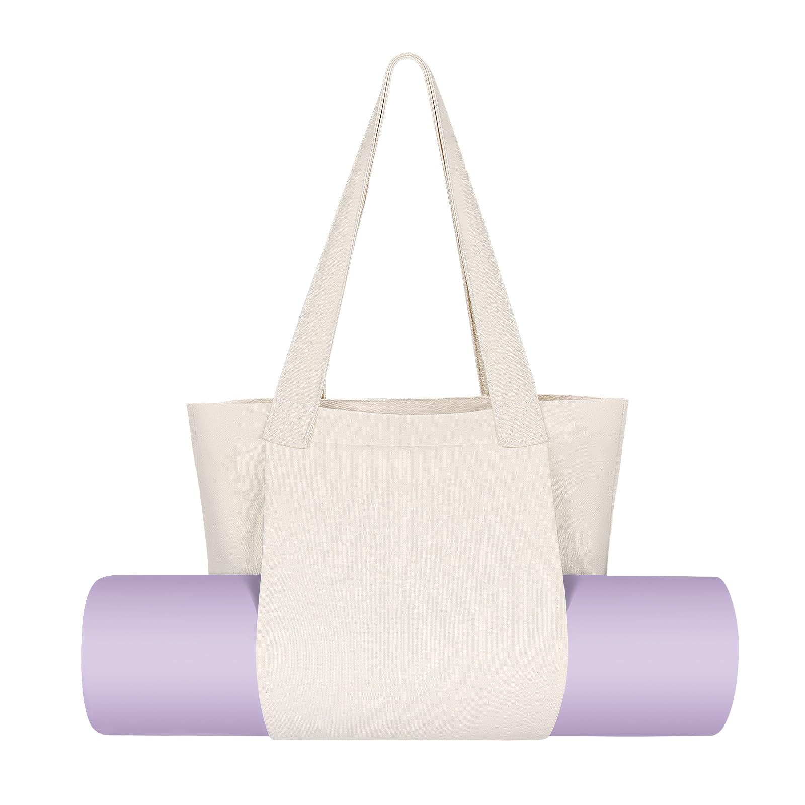 cycleacc Yoga Mat Bag, Gym Tote Bag for Women with Large Mat Carrier Pocket, Canvas Tote Bag for Workout, Pilates, Travel, Beach, Office (White)