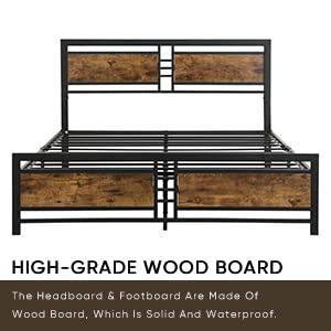 12 Inch Full Size Metal Platform Bed Frame with Wooden Headboard and Footboard, Mattress Foundation, No Box Spring Needed, Large Under Bed Storage, Non-Slip Without Noise(Rustic Brown, Full)