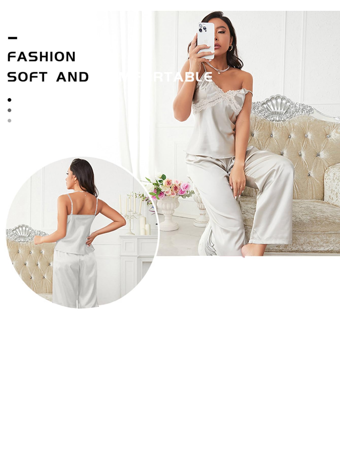 LYANER Women's Satin Silk Pajamas Set V Neck lace Trim Cami Top and Pants Sleepwear Pjs Set White Large