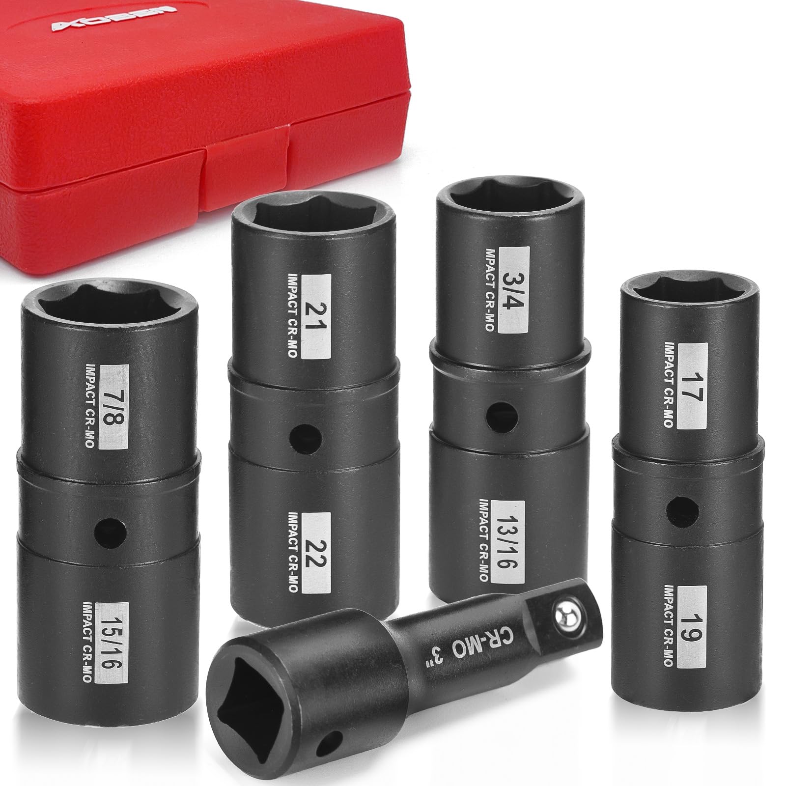 AOBEN 5 PCS 1/2" Drive Impact Socket Set, Flip Socket Set with Cr-Mo Steel, Includes 3 Inch Bar Extension, SAE and Metric Sizes