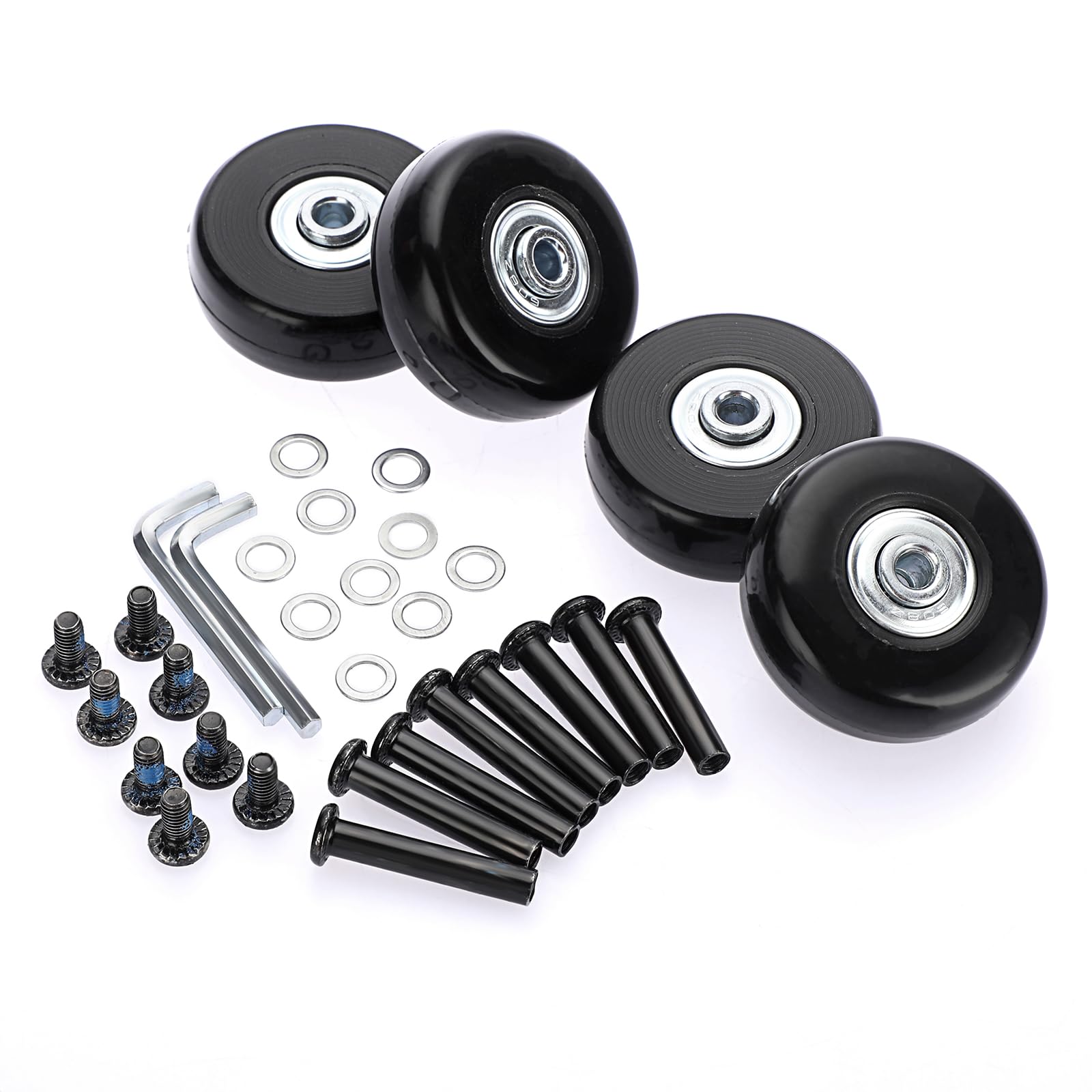 OwnMy 45mm x 18mm Luggage Wheels Replacements Set of 4 Mute Suitcase Replacement Wheels with Black Screws Axles Bearings, Rotatable Rubber Luggage Replacement Wheels Silent Suitcase Swivel Wheels Kit