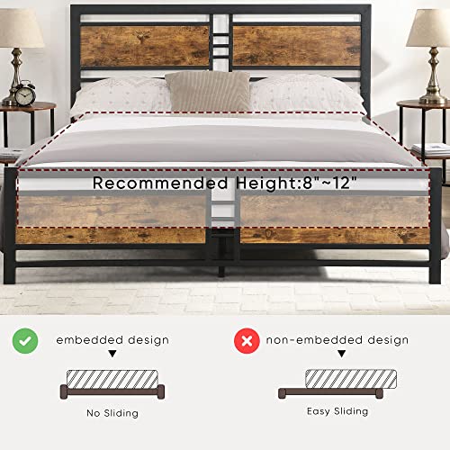 12 Inch Full Size Metal Platform Bed Frame with Wooden Headboard and Footboard, Mattress Foundation, No Box Spring Needed, Large Under Bed Storage, Non-Slip Without Noise(Rustic Brown, Full)