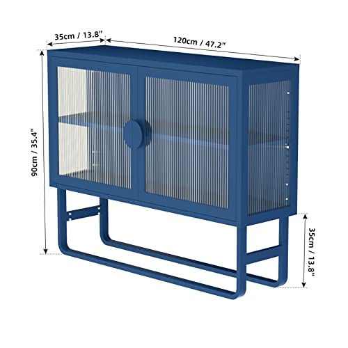 Double Glass Door Storage Cabinet, Retro Style Sideboard Buffet Cabinet with U-Shaped Leg Cold-Rolled Steel Cupboard Console Table with Adjustable Shelf for Living Room Dining Room Kitchen, Blue