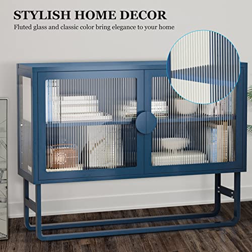 Double Glass Door Storage Cabinet, Retro Style Sideboard Buffet Cabinet with U-Shaped Leg Cold-Rolled Steel Cupboard Console Table with Adjustable Shelf for Living Room Dining Room Kitchen, Blue