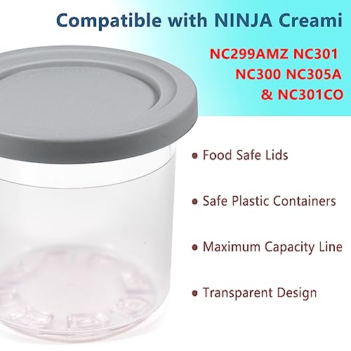 MIMLEN Containers, Replacement for Ninja Creami Pints And Lids Gray, Compatible with NC299AMZ NC301 NC300 Series