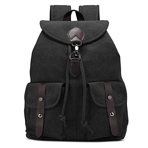JOSEKO Large Vintage Canvas Leather Backpack Hiking Daypacks Computers Laptop Backpacks Unisex Casual Anti-theft Rucksack Satchel Bookbag Military Mountaineering Bag for Men Women Black