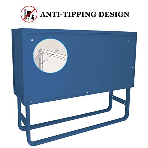 Double Glass Door Storage Cabinet, Retro Style Sideboard Buffet Cabinet with U-Shaped Leg Cold-Rolled Steel Cupboard Console Table with Adjustable Shelf for Living Room Dining Room Kitchen, Blue