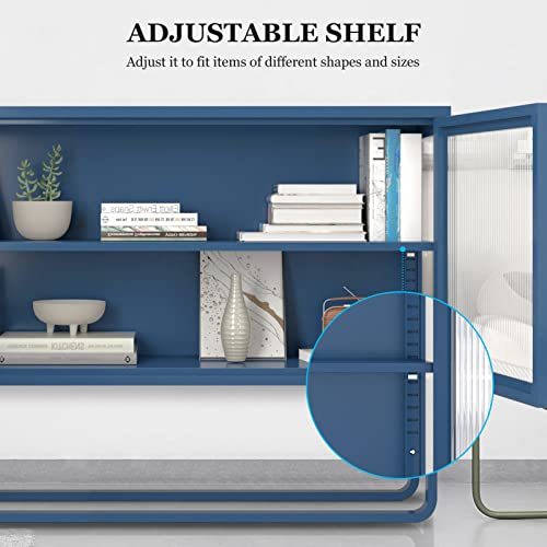Double Glass Door Storage Cabinet, Retro Style Sideboard Buffet Cabinet with U-Shaped Leg Cold-Rolled Steel Cupboard Console Table with Adjustable Shelf for Living Room Dining Room Kitchen, Blue