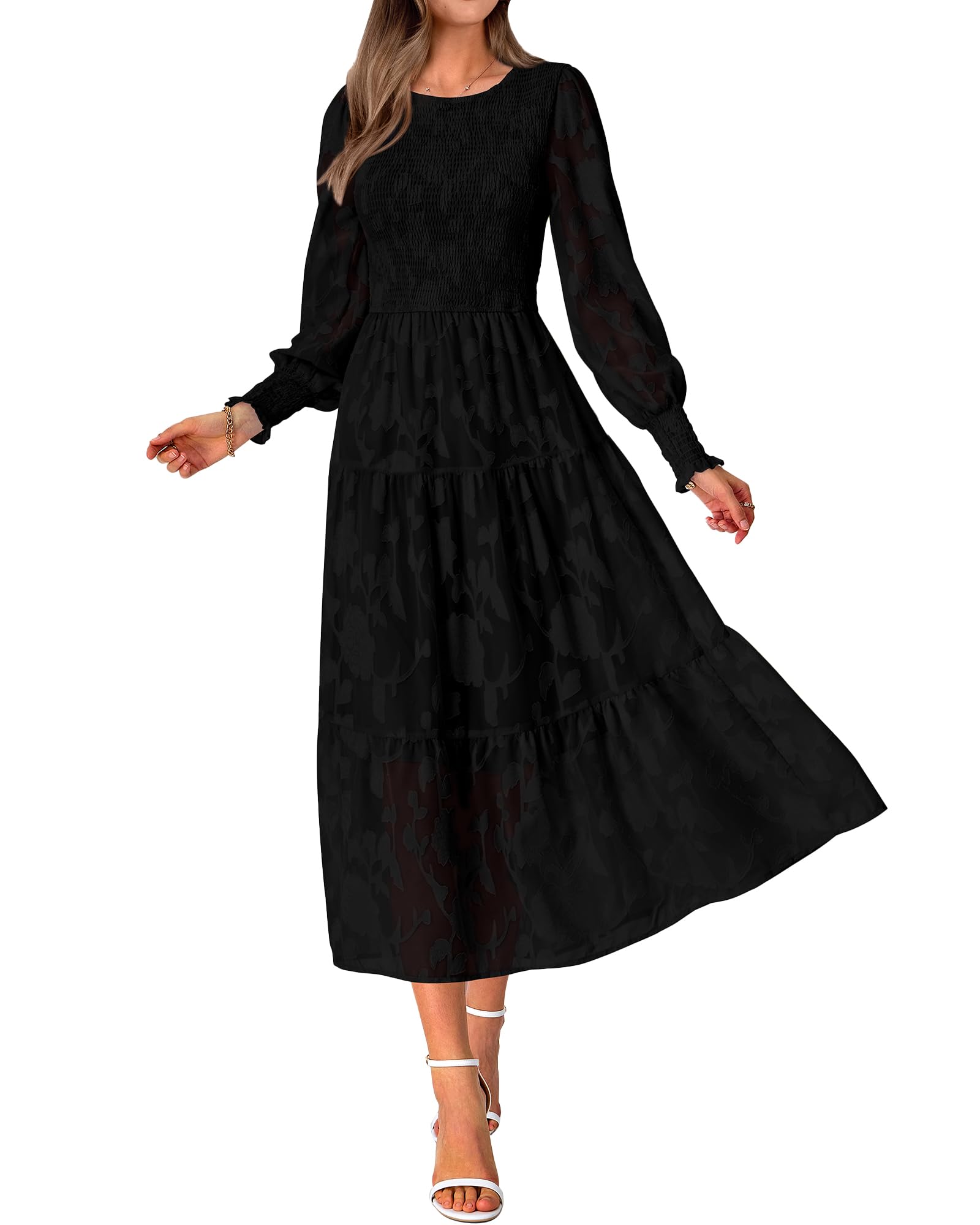 BTFBM Casual Women's 2025 Spring Dresses Elegant Wedding Guest Dress Long Sleeve Floral Midi Dress Flowy Bohemian Long Dress(Black,Small)