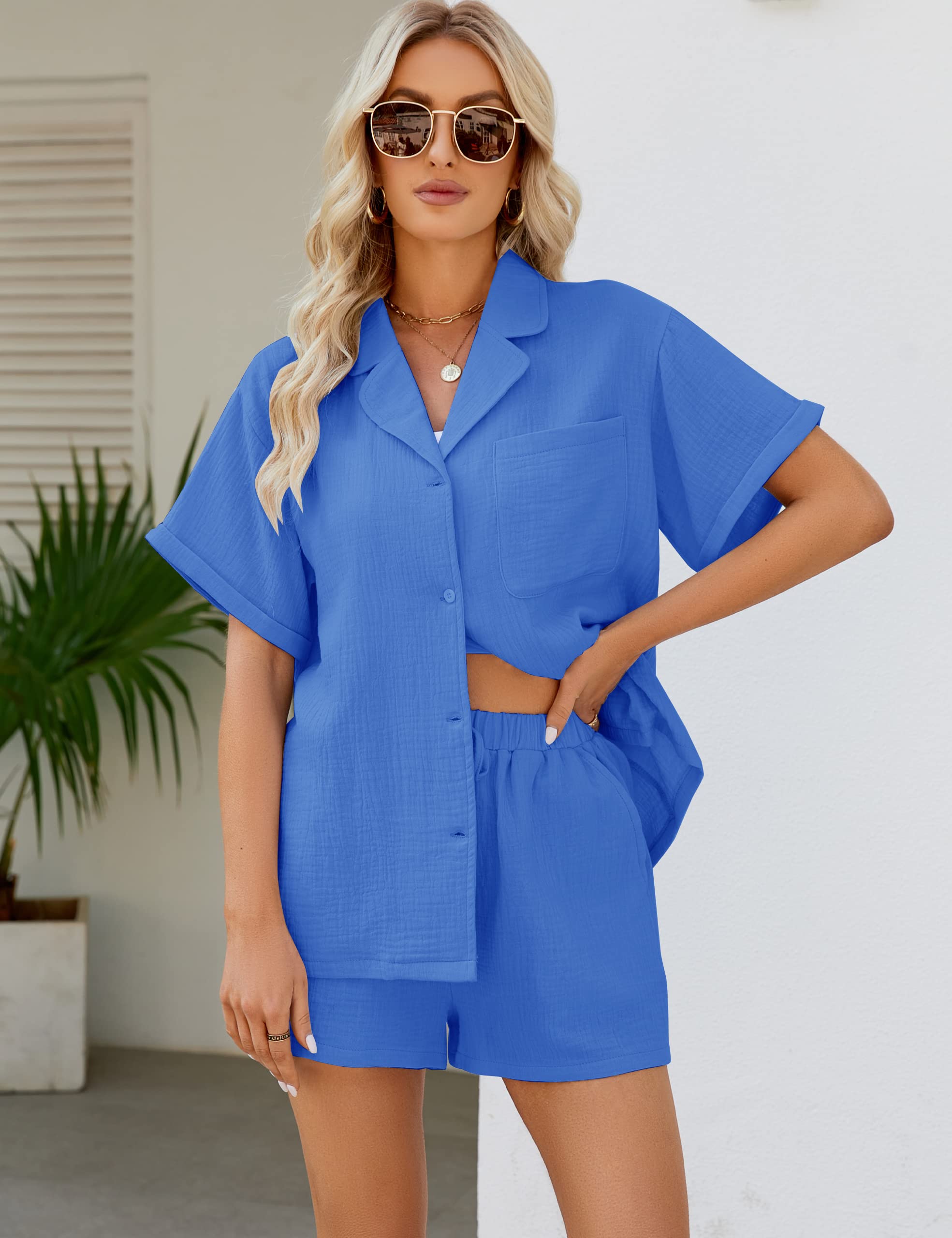 Flygo Women's Two Piece Shirts Sets Short Sleeve Summer Casual Linen Shirt Elastic Waist Short Sets Outfits(RoyalBlue-XL)