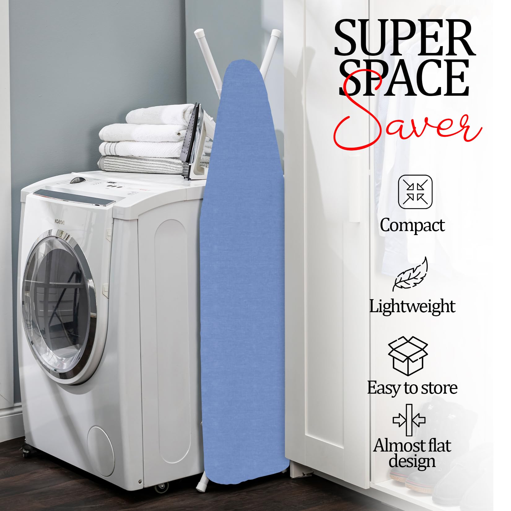 Tidy Zebra Compact Ironing Board Full Size MADE IN THE USA β 4 LEG Extra Durable & Sturdy Ironing Boards with Thick Iron Board Cover β Foldable Ironing Board for Easy Storage Height Adjustable (13x53)