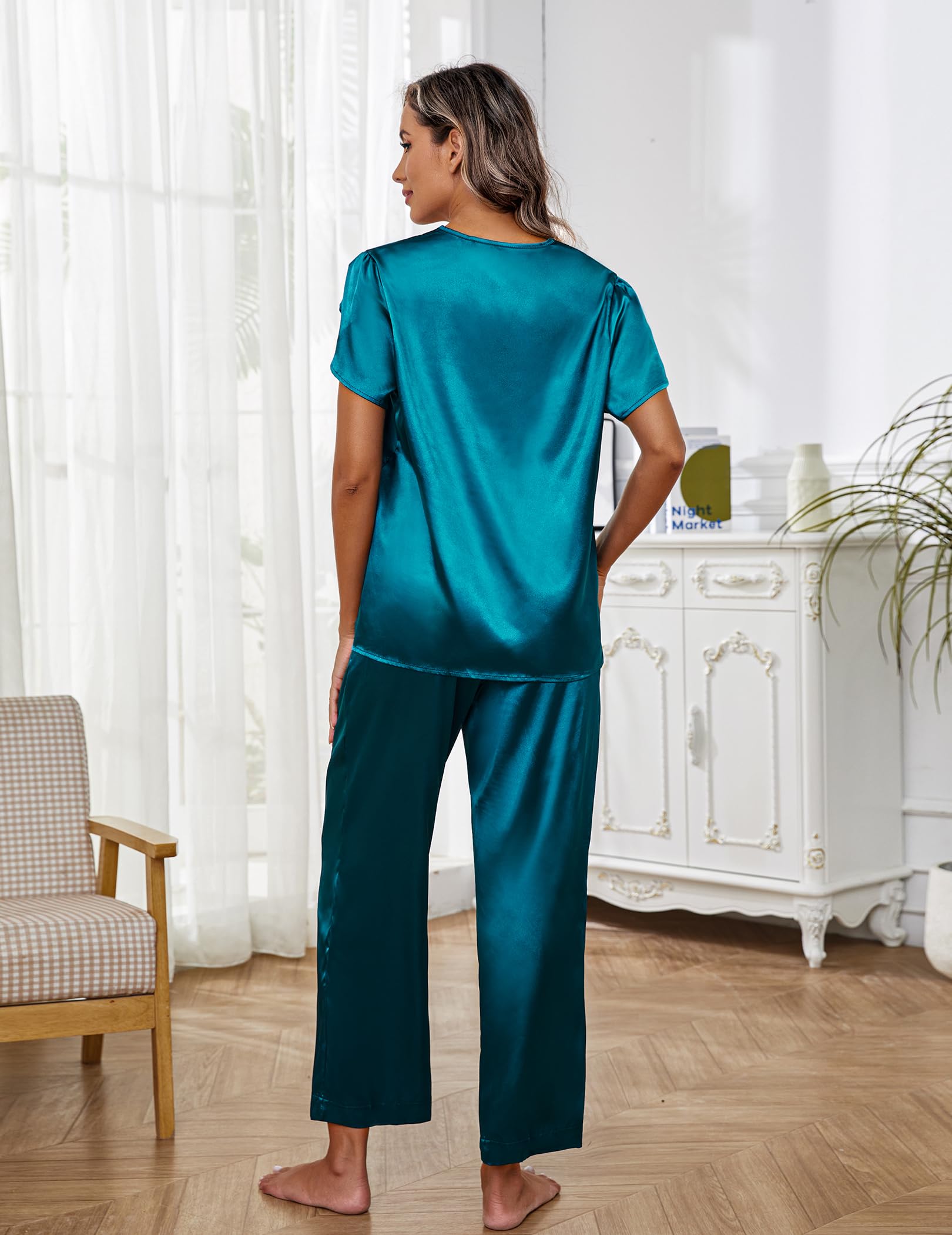 HBZDQB Silky Pajamas for Women Silk 2 Pcs Pants Set V Neck Classic Satin Sleep Sets Short Sleeve Pjs with Long Pant Loungewear Green S