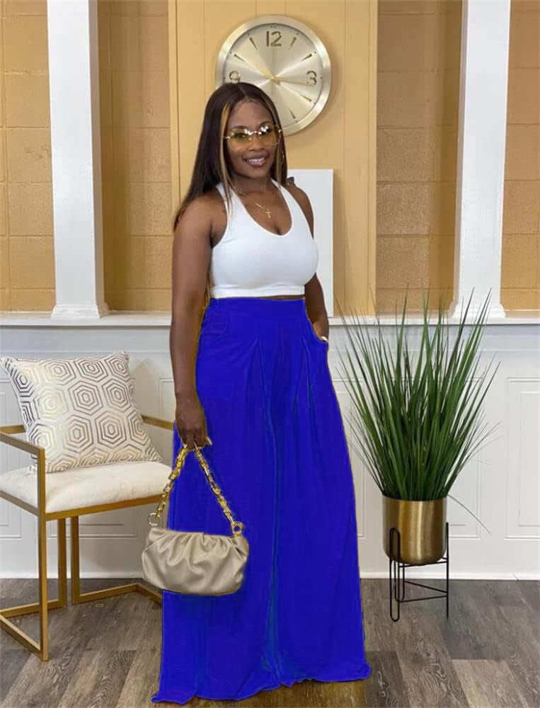 Euulin Flowy Pants for Women Casual High Waisted Wide Leg Palazzo Pants Trousers with Pocket Plus Size Blue XL