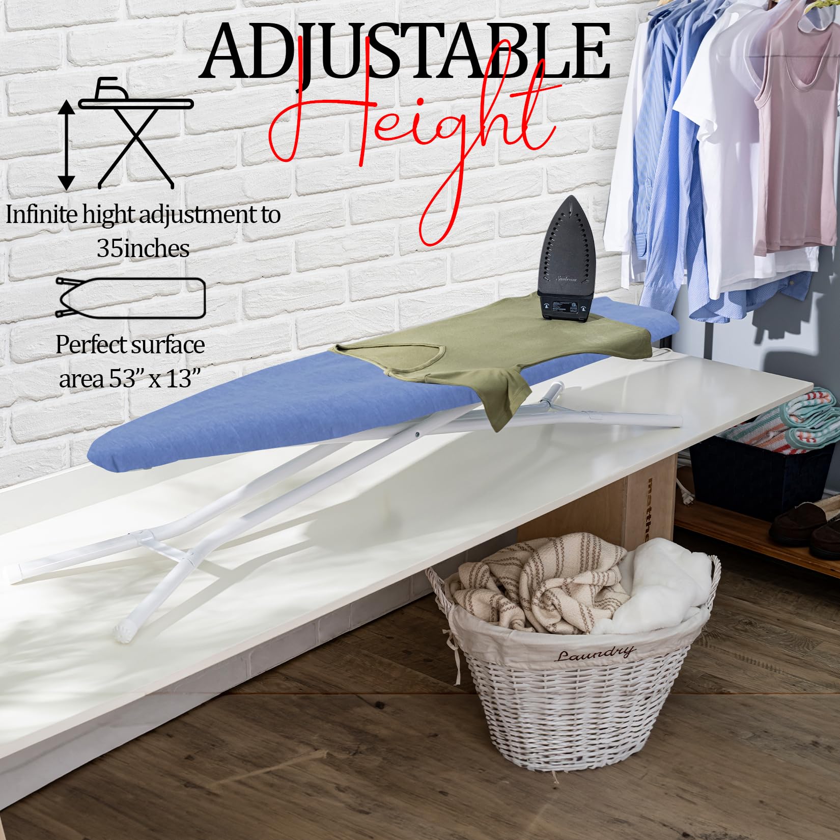 Tidy Zebra Compact Ironing Board Full Size MADE IN THE USA β 4 LEG Extra Durable & Sturdy Ironing Boards with Thick Iron Board Cover β Foldable Ironing Board for Easy Storage Height Adjustable (13x53)